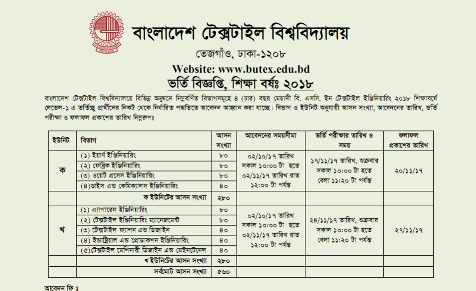 Admission Notice: Undergraduate Admission 2018 – BUTEX