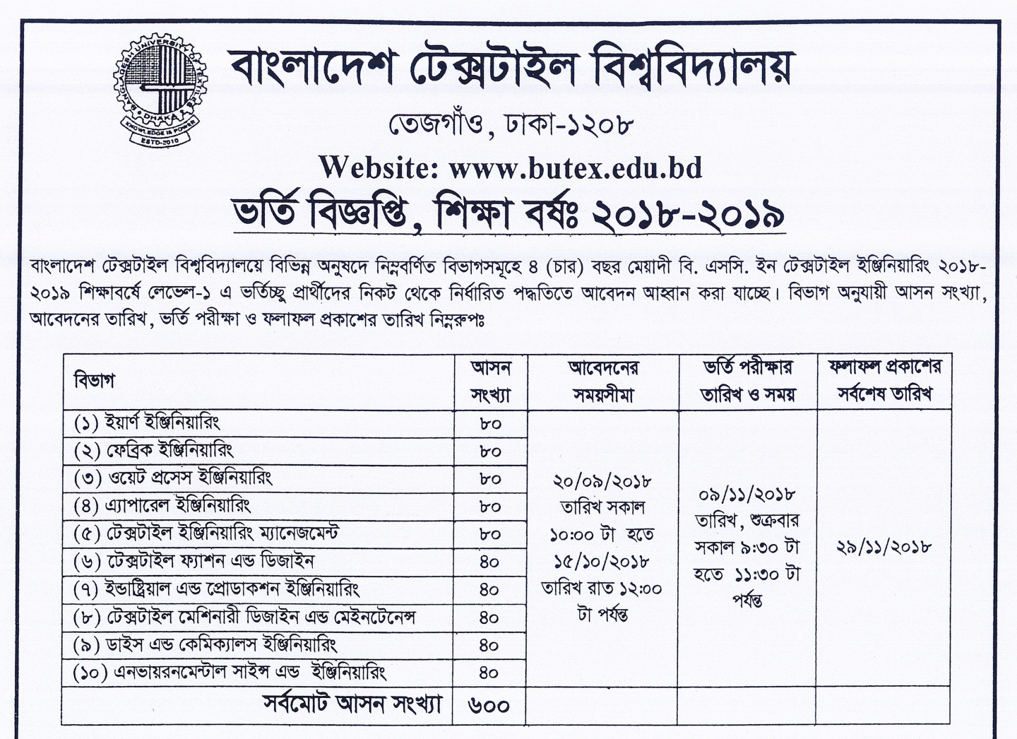 Seat Plan Published: Undergraduate Admission 2018-19 – BUTEX