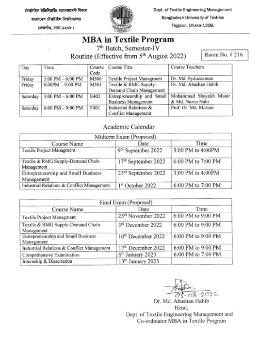 Routine of MBA in Textiles 7th Batch Semester-IV – BUTEX