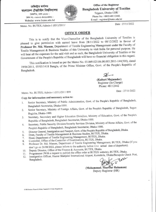Office Order: Dr. Md. Masum, Professor, Dept. of Textile Engg ...